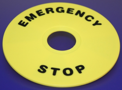 22mm EMERGENCY STOP LEGEND PLATE, YELLOW, DIA=90mm - Electrical ...