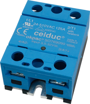 CELDUC OKPAC 1PH SSR, INDUCTIVE LOADS, 24-510VAC 125A (AC-51), 24A (AC-53), Ctrl 3.5-32VDC ...
